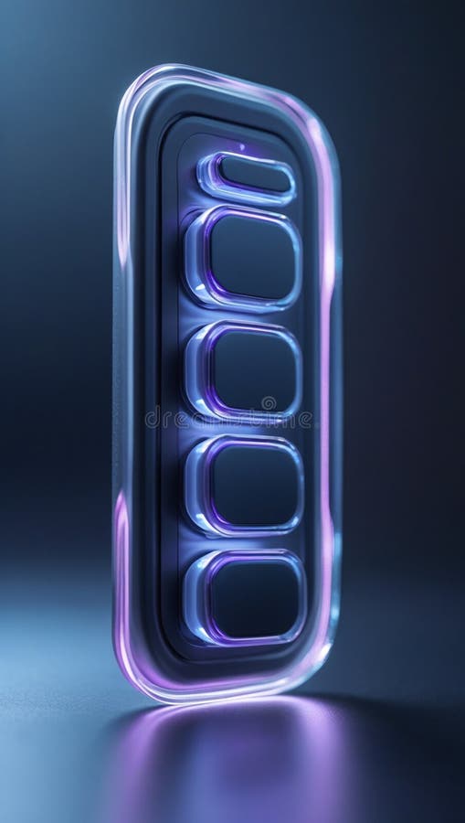 Glass Panel with Five Dark Blue Rectangular Buttons Glowing Purple and ...