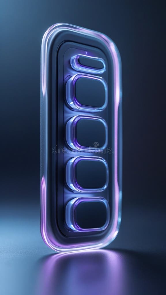 Glass Panel with Five Dark Blue Rectangular Buttons Glowing Purple and ...