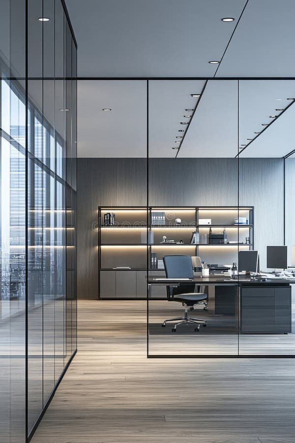 Glass Partitioned, Deserted Sleek Office Setup Characterized by ...