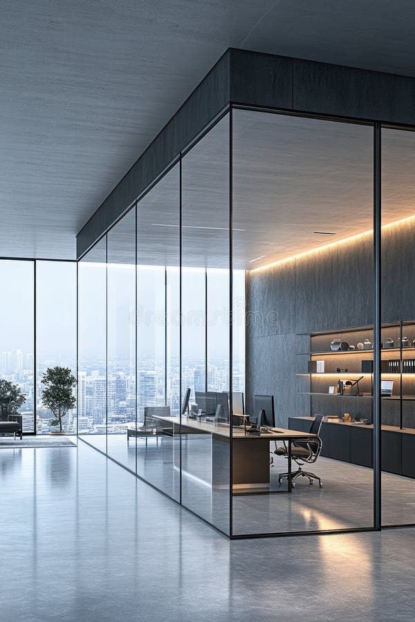 Glass Partitioned, Deserted Sleek Office Setup Characterized by ...