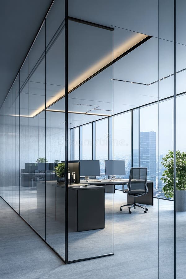 Glass Partitioned, Empty Sleek Modern Office with Expansive Glass ...