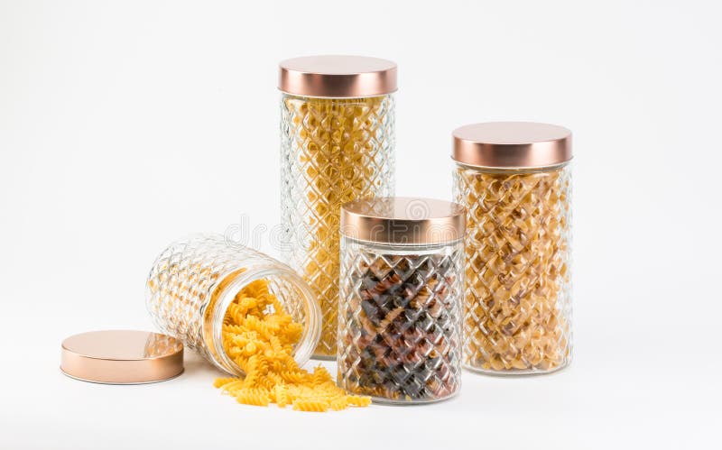 Glass Pasta Storage Jars Various Sizes Stock Photo - Image of spiral ...