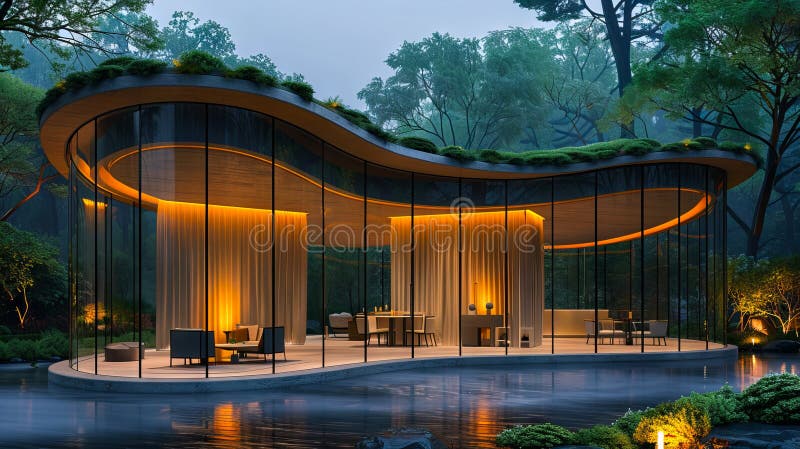 A Glass Pavilion in the Middle of a Forest Stock Photo - Image of ...