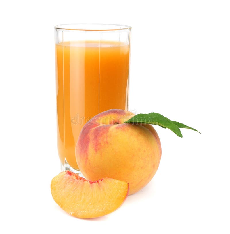 Glass of Peach Juice with Peach Fruit and Slices Isolated on White ... Glass of Peach Juice with Peach Fruit and Slices Isolated on White ...