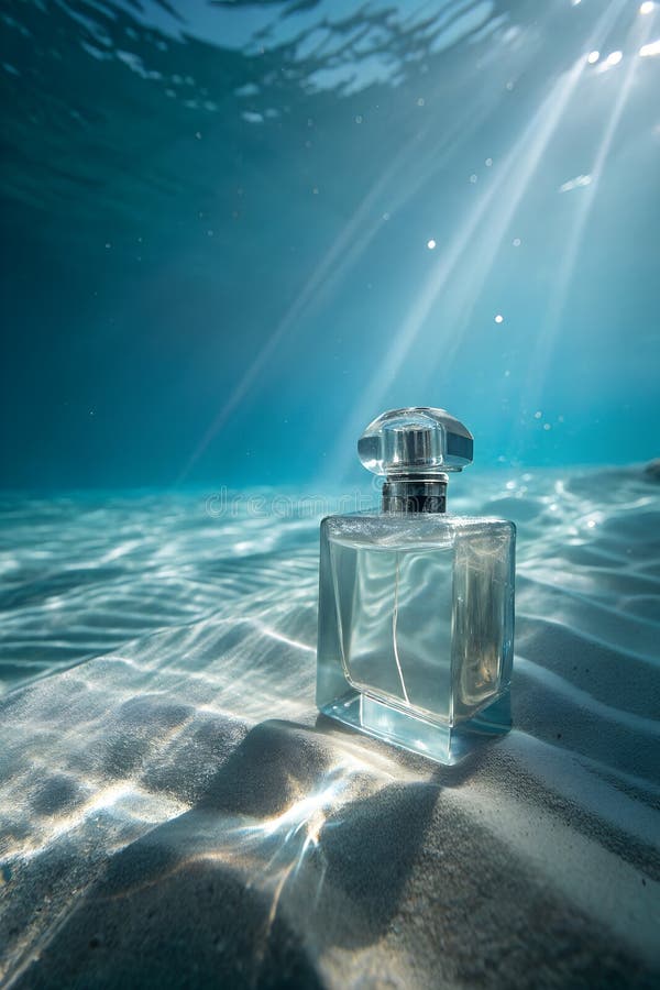 Glass Perfume Bottle in Crystal-clear Underwater Depths, Surrounded by ...