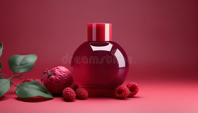 Glass Perfume Bottle with Red Berries on Top of the Table Stock ...