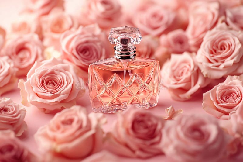 A Glass Perfume Bottle Surrounded by Pink Roses. the Bottle Has a ...
