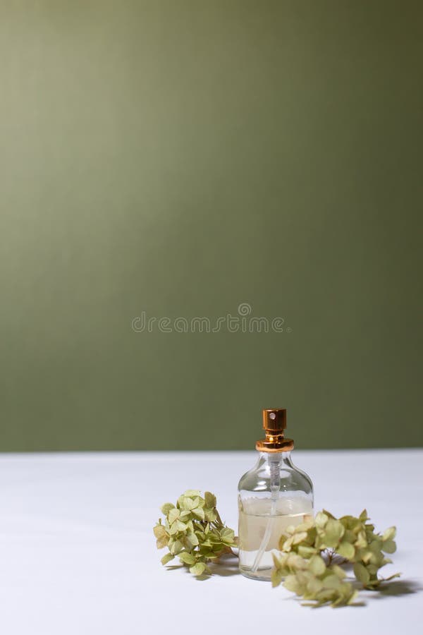 Glass Perfume Bottles with Sprigs of Hydrangea on a Light Background ...