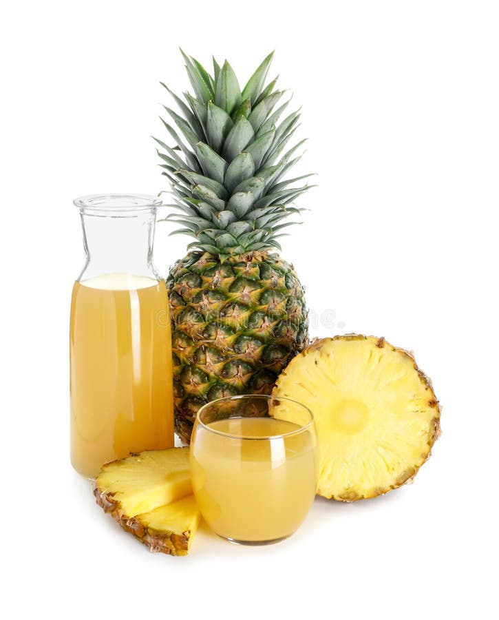 Glass with Pineapple Juice, Jug and Fresh Pineapples Isolated on White Stock Photo - Image of ...