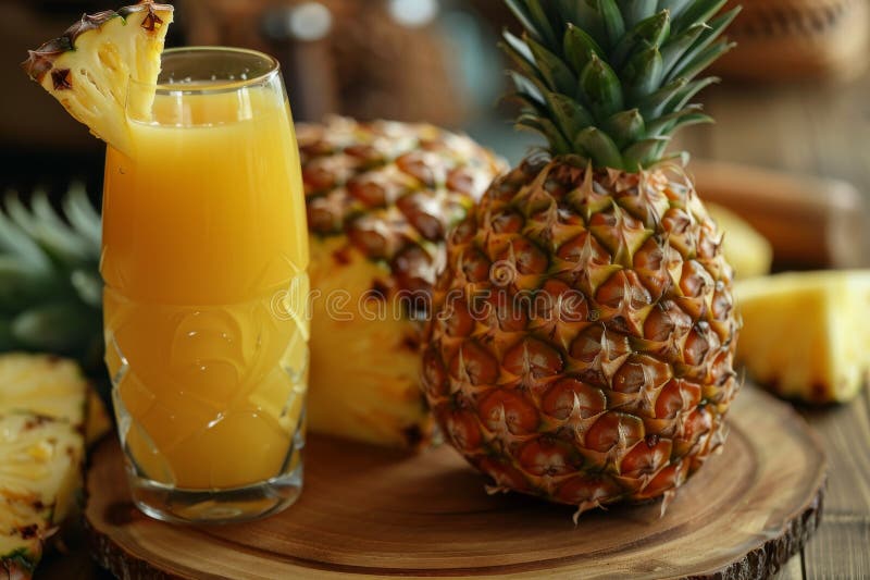 Glass of Pineapple Juice with a Slice and Whole Pineapple Stock Photo ...