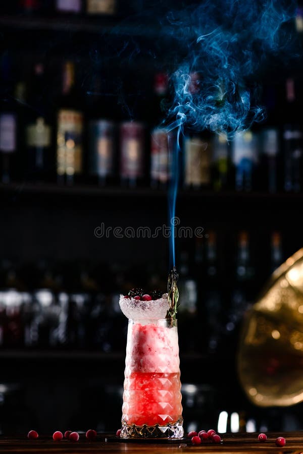Glass with Pink Drink and Dry Ice Smoke, Bubbles, Pink Cold Cocktail ...