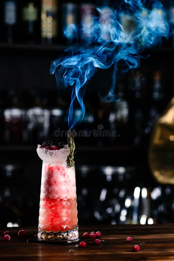 Glass with Pink Drink and Dry Ice Smoke, Bubbles, Pink Cold Cocktail ...