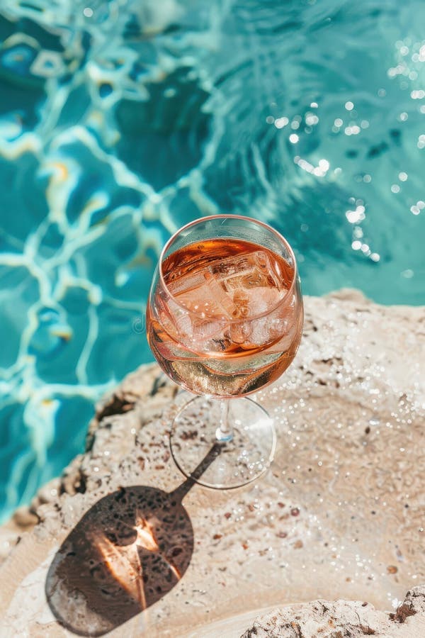 A Glass of Pink Wine is Sitting on a Ledge by a Pool Stock Image ...