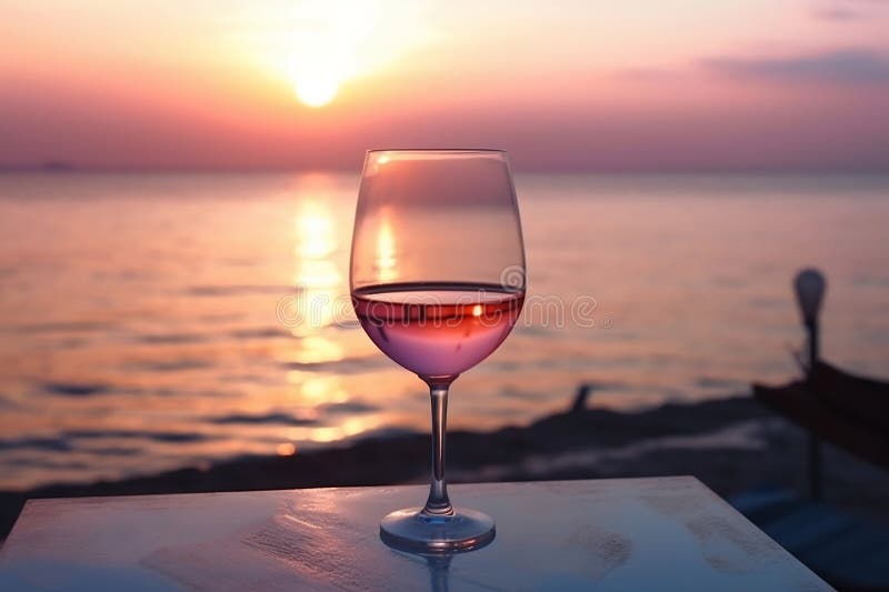 Glass of Pink Wine on Table at Sunset by Sea Stock Illustration ...