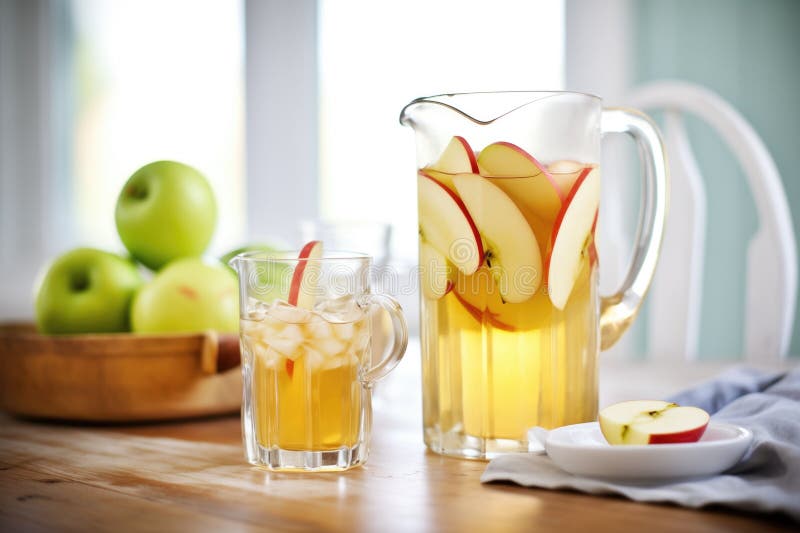 Glass Pitcher of Apple Iced Tea, Apple Slices Inside, Next To Glasses ...
