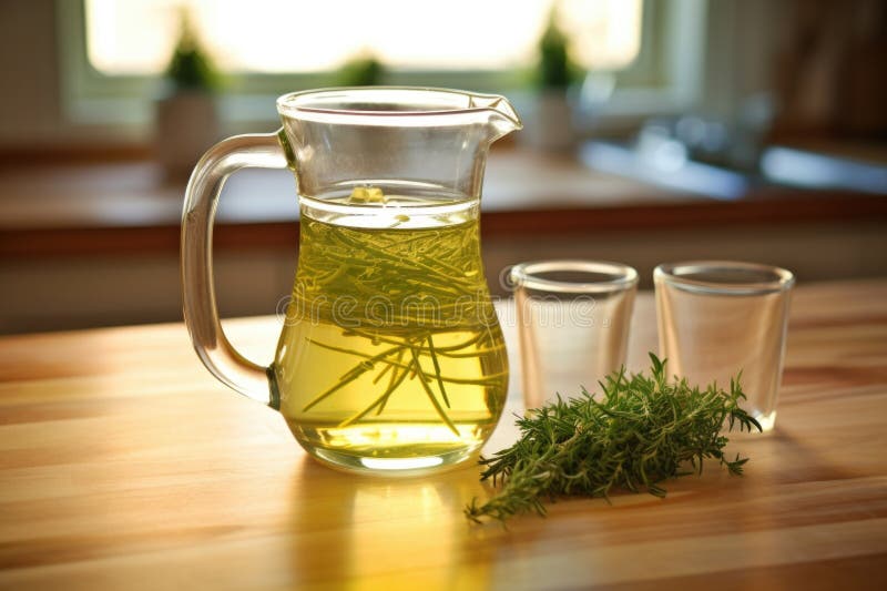Glass Pitcher of Cool Herbal Tea on a Kitchen Counter Stock Image ...