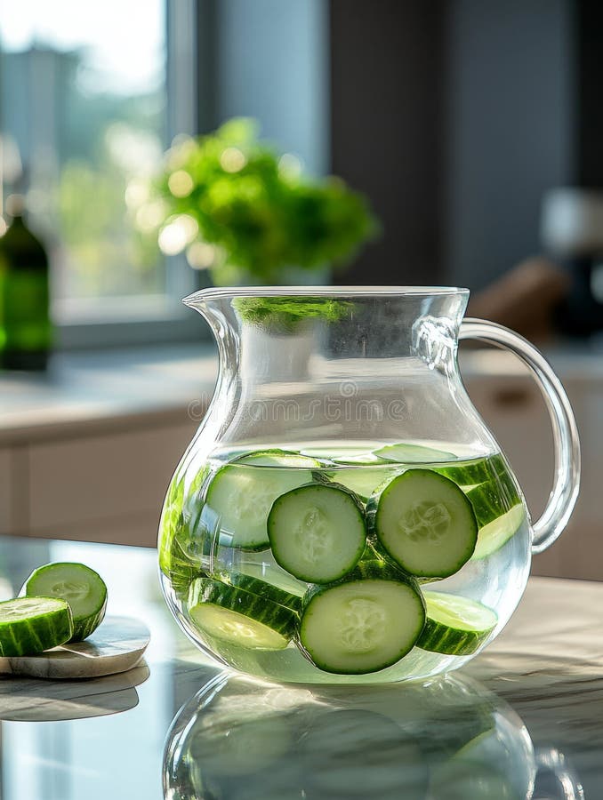 Glass Pitcher with Cucumber Slices in Water on a Kitchen Counter. Stock ...