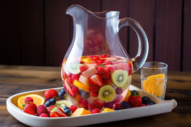 Glass Pitcher of Fruit-infused Water with Fresh Fruit Floating on Top ...
