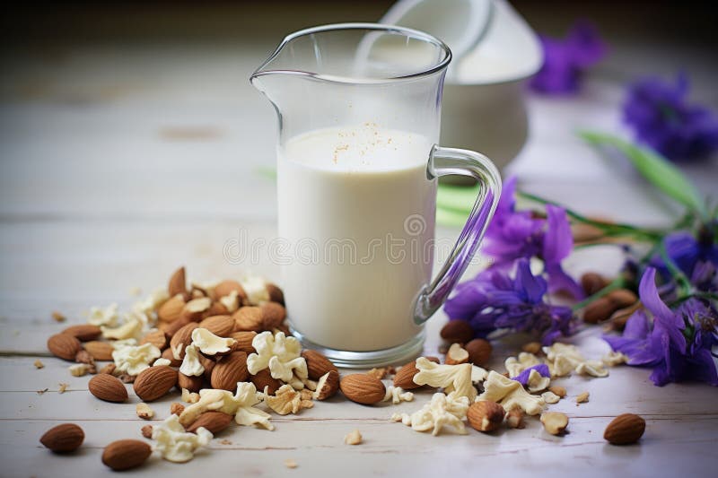 Glass Pitcher of Mixed Nut Milk Surrounded by Nuts Stock Image - Image ...