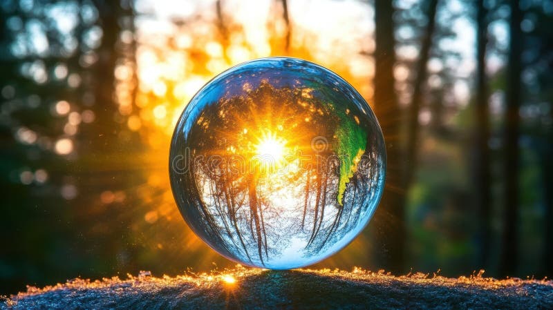 Glass Planet Reflecting Forest and Sunset during Earth Day Stock ...