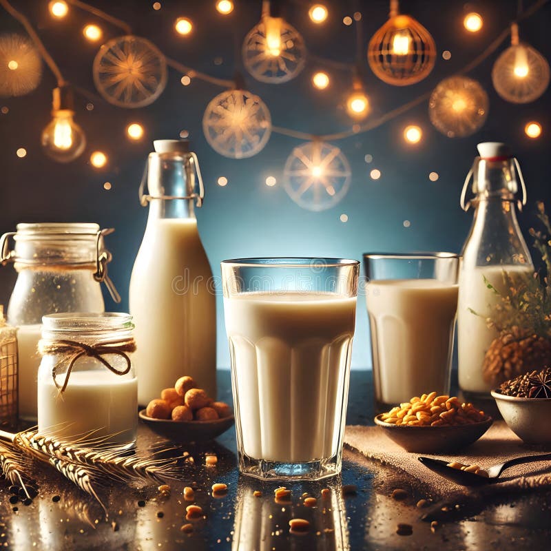 Glass of Plant Based Milk Shining Under Festive Lights with Ingredients ...