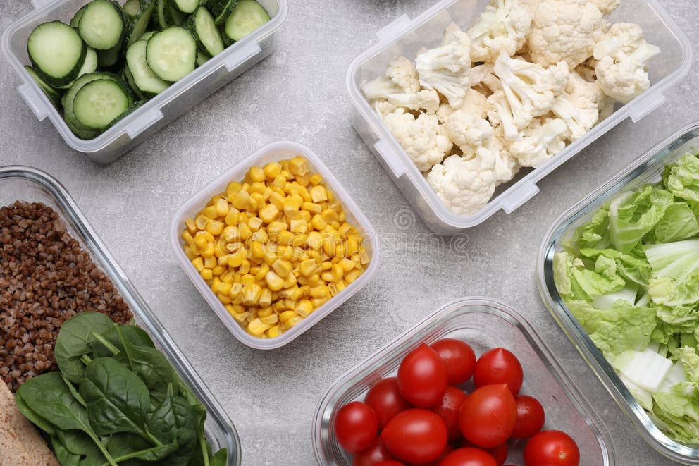 Glass and Plastic Containers with Different Fresh Products on Light ...