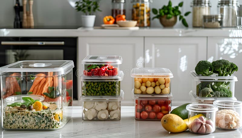 Glass and Plastic Containers with Different Fresh Products on White ...