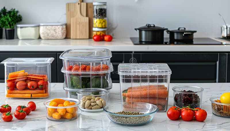 Glass and Plastic Containers with Different Fresh Products on White ...