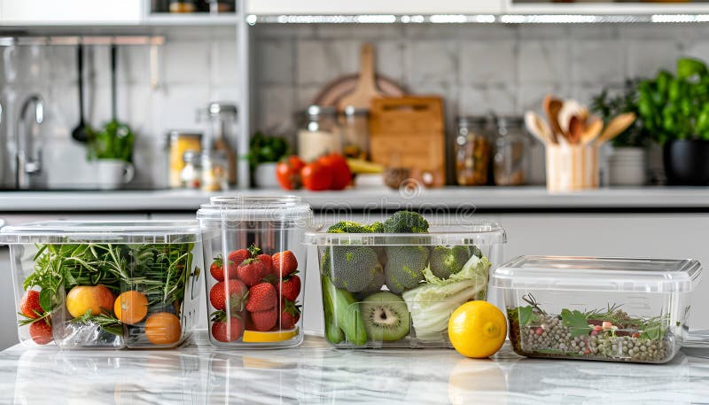 Glass and Plastic Containers with Different Fresh Products on White ...
