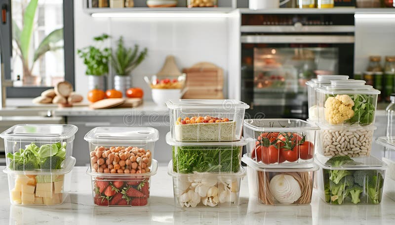 Glass and Plastic Containers with Different Fresh Products on White ...