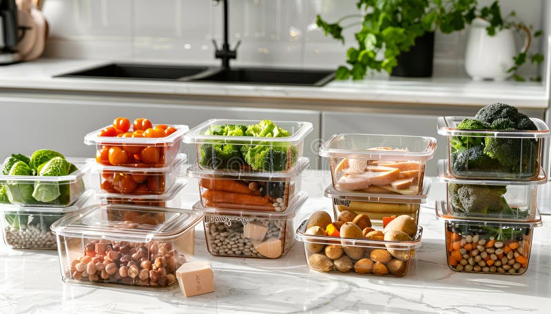 Glass and Plastic Containers with Different Fresh Products on White ...