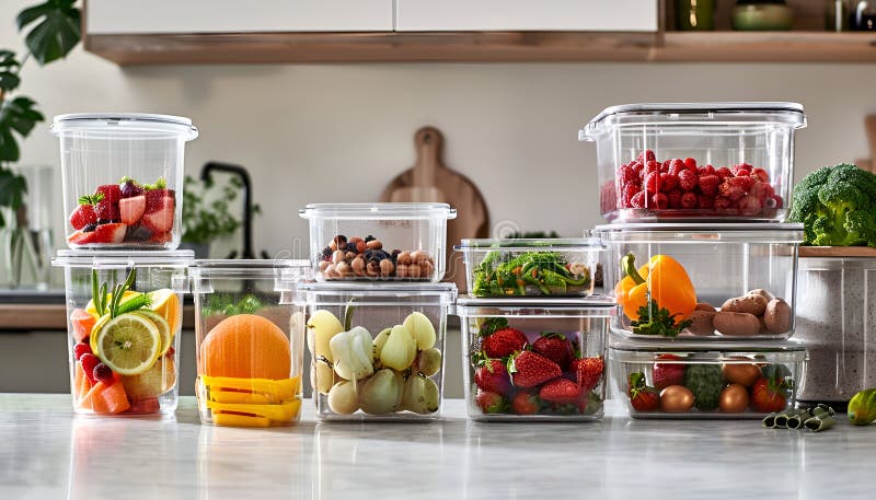 Glass and Plastic Containers with Different Fresh Products on White ...