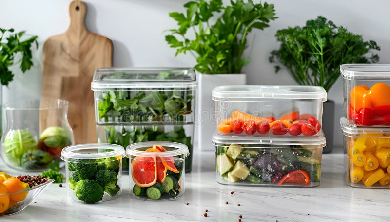 Glass and Plastic Containers with Different Fresh Products on White ...