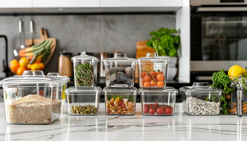 Glass and Plastic Containers with Different Fresh Products on White ...