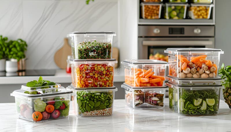 Glass and Plastic Containers with Different Fresh Products on White ...