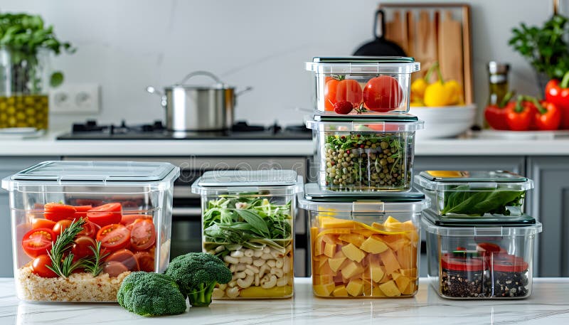 Glass and Plastic Containers with Different Fresh Products on White ...