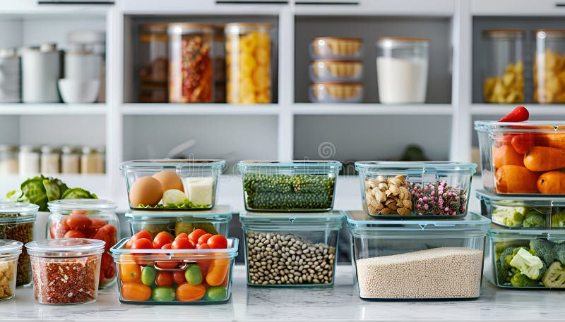 Glass and Plastic Containers with Different Fresh Products on White ...