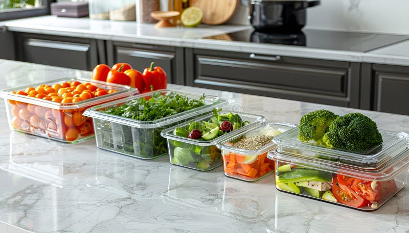 Glass and Plastic Containers with Different Fresh Products on White ...