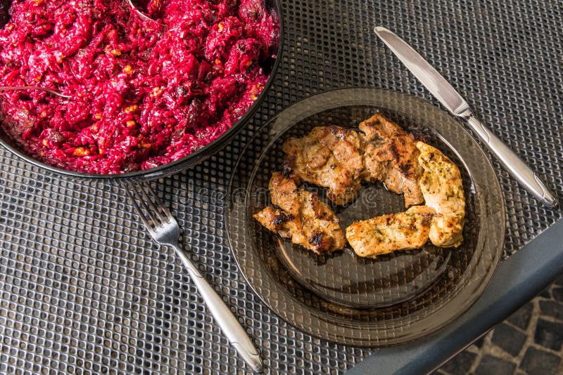 Glass Plate with Grilled Meat. Beet-root Salad. Grilled Turkey Meat ...