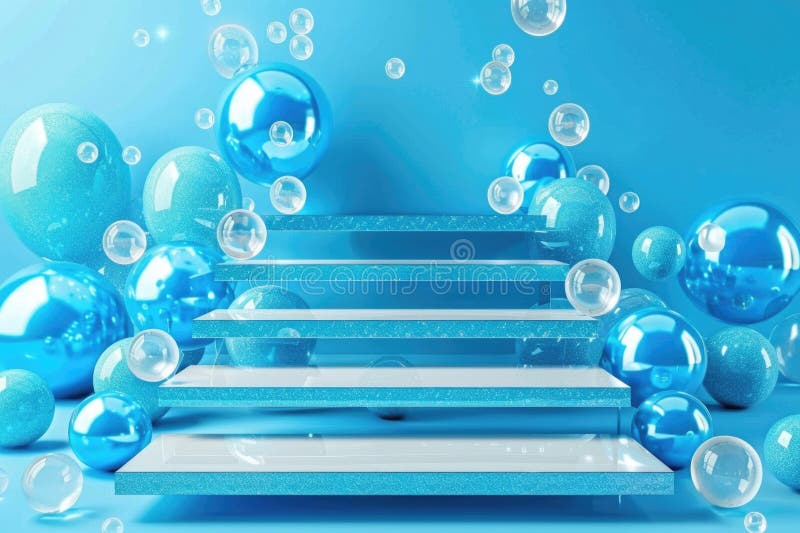 A Glass Platform Sits in a Field of Blue Bubbles Floating Against a ...
