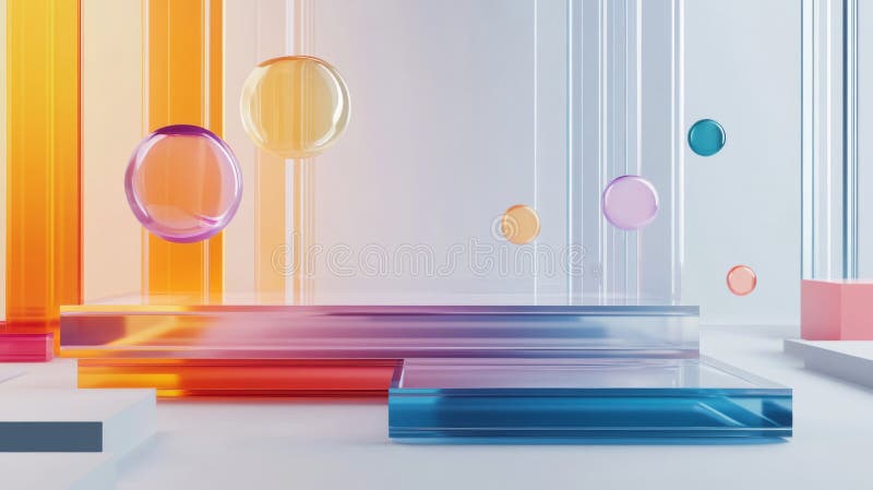 Glass Platforms and Spheres in a Pastel-Colored Minimalist Setting ...