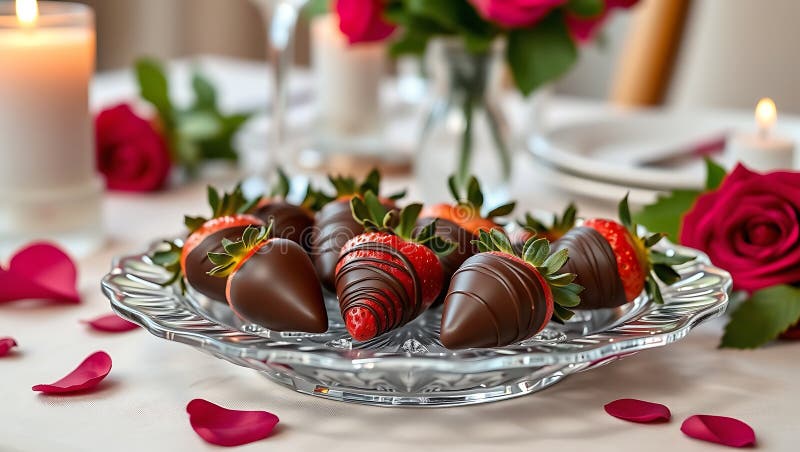 A Glass Platter with Chocolate Covered Strawberries on a Romantic Table ...