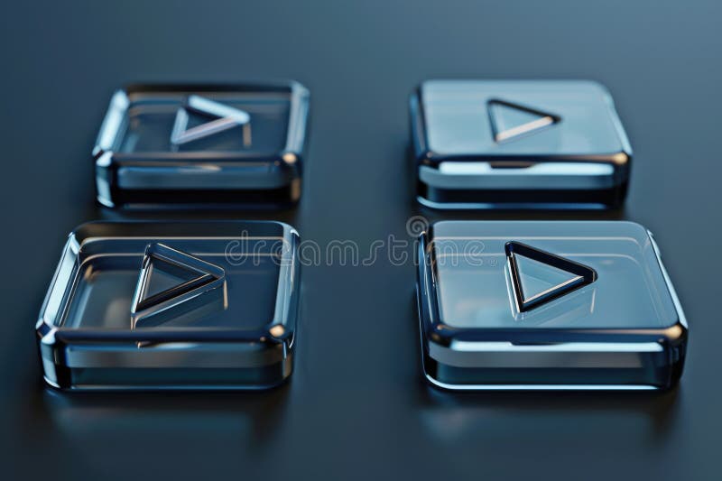 Glass Play Buttons Set on a Table, Ideal for Technology Concepts Stock ...