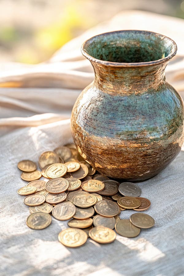 A Glass Pot Filled with Medieval Coins Displayed on a Table Outdoors ...