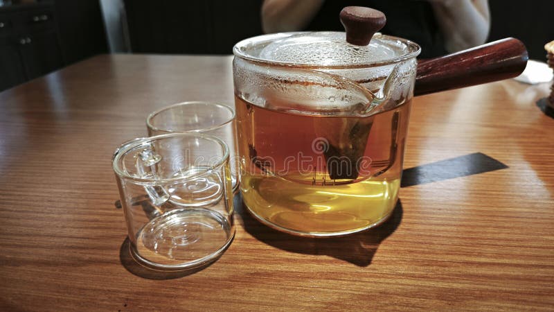 A Glass Pot of Hot Water Chinese Tea Sack and Two Small Glass. Stock ...