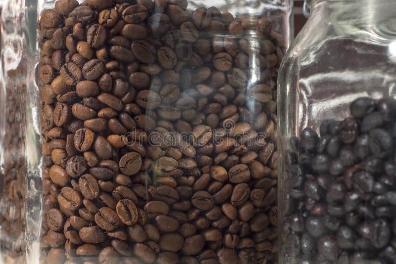 Glass Pots Containing Different Types of Coffee Beans Stock Photo ...