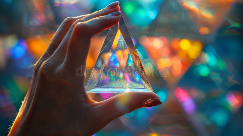 Glass Prism Held in a Hand with Light Dispersion Effect. Stock Image ...