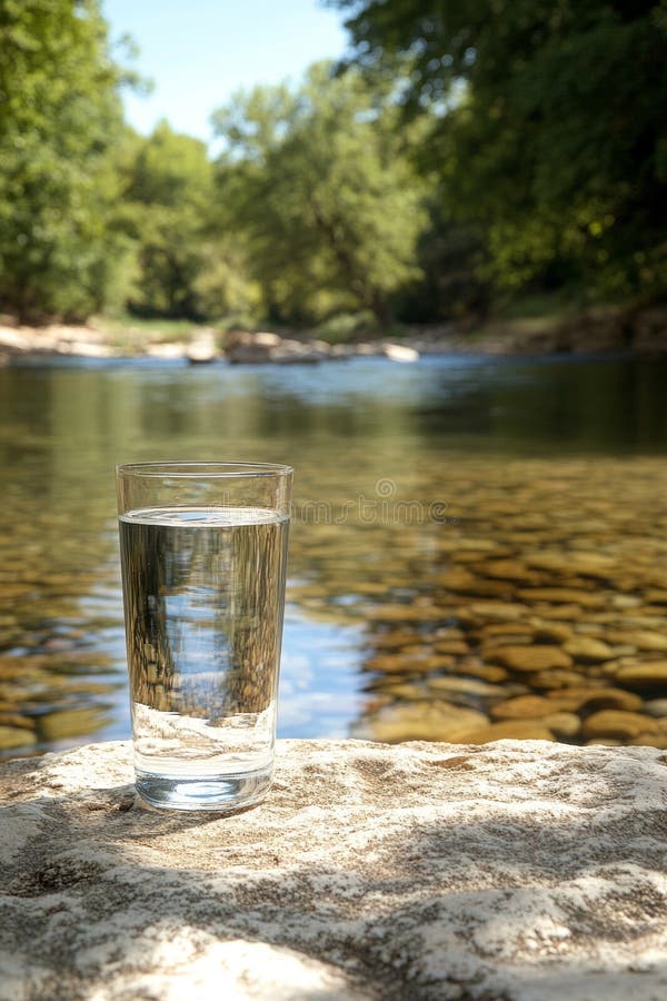 Glass of Pure Water on Rock by Calm River, Sunlight Bouncing Off ...