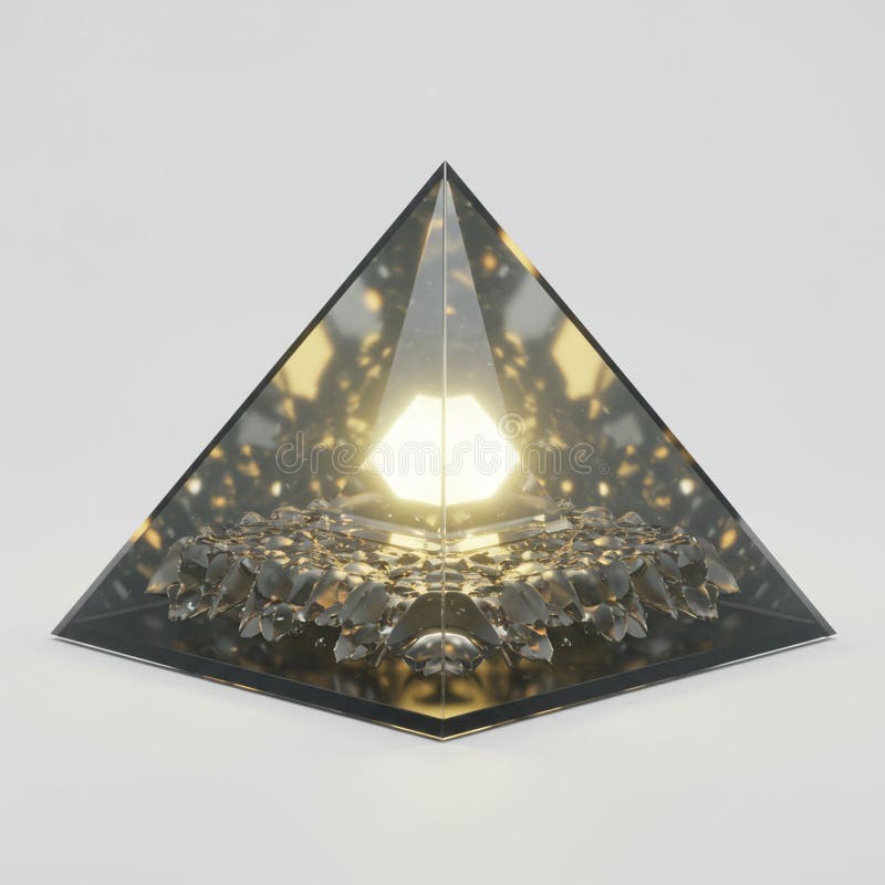 Glass Pyramid Structure Sits on a Reflective Surface. Inside, Numerous ...