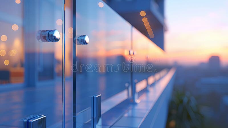 Glass Railing on a Modern Balcony at Sunset with Cityscape View. Stock ...